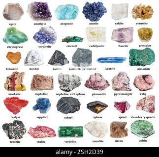 set of various samples of raw realgar minerals isolated on white ...