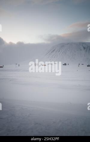Cabins outside Longyearbyen, Svalbard in snowy arctic valley Stock ...