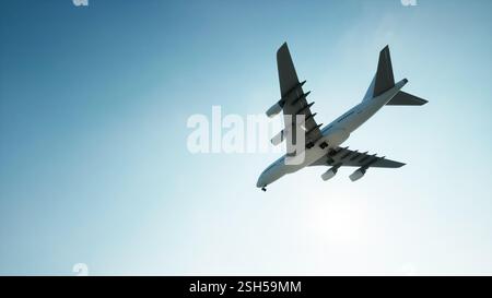 Conceptual flying white passenger jetliner, commercial plane after take ...
