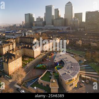 Poplar, Tower Hamlets. Aerial view of the diverse housing and St Mary's ...