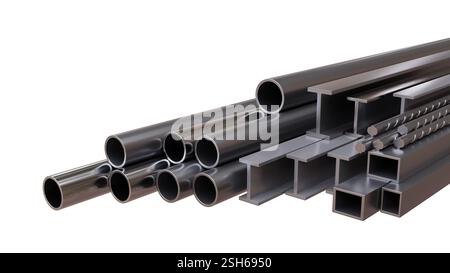 Steel hollow section beams, circular shape tube isolated on white, 3d ...