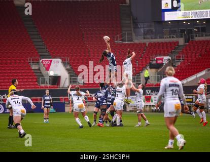 Bristol Bears' Abbie Ward catches the ball from Harlequins' Fi McIntosh ...