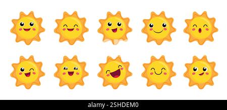 Sun cheerful faces drawing clipart set. Yellow sun characters in happy ...