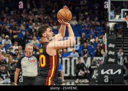 Atlanta Hawks forward Georges Niang (20) speaks with an official during the second half of an ...
