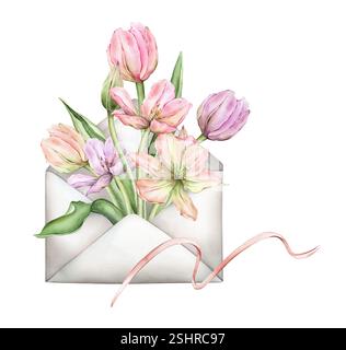 Watercolor yellow tulips bouquet. Spring orange flowers with green ivy ...