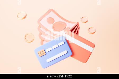 Cartoon bankcard and banknotes with orange background, 3d rendering. 3d ...