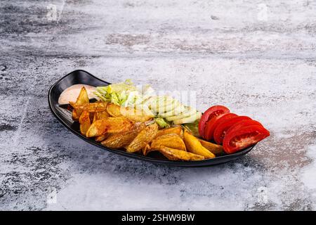 Baked Idaho potato with sauce and tomato Stock Photo - Alamy
