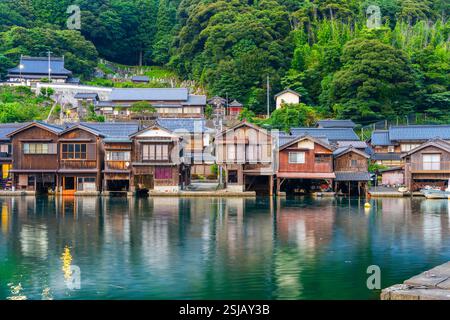 Kyoto, Japan at Ine Bay historic funaya boathouses at dusk Stock Photo ...