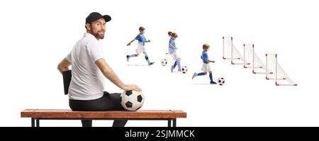 Football coach sitting on a bench and blowing a whistle isolated on ...