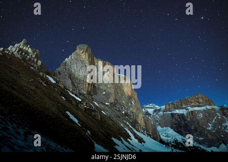 Dolomites Sella towers under a starry night during winter Stock Photo ...