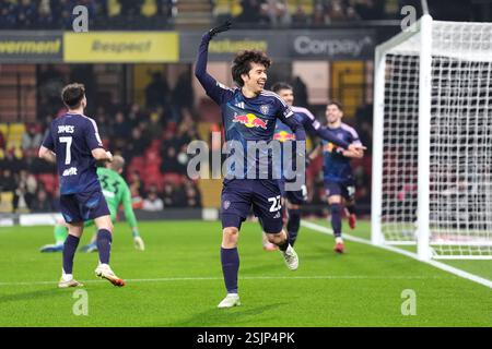 Leeds United's Ao Tanaka celebrates scoring their side's second goal of ...