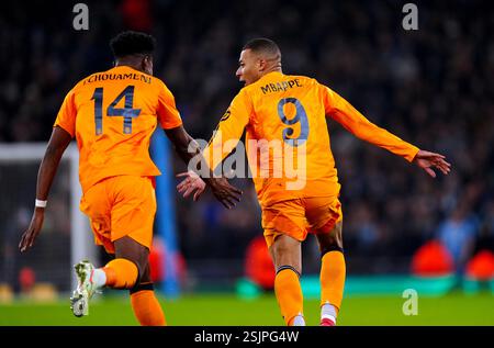 Real Madrid's Kylian Mbappe celebrates scoring their side's first goal ...