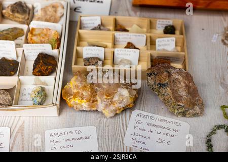 Minerals with descriptions in Spanish language in souvenir shop Stock ...