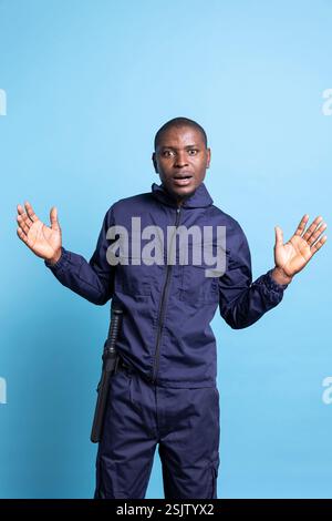 African american safeguard man wearing security uniform over isolated ...