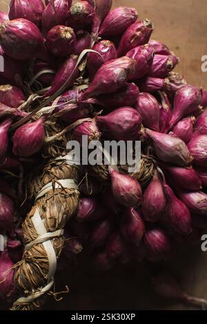 bunch the ripe purple brown onion keep in the home room Stock Photo - Alamy