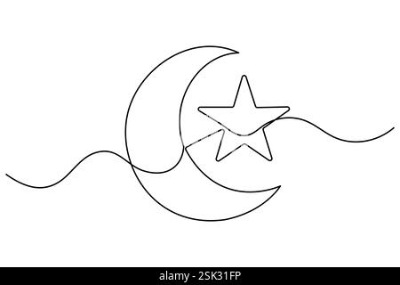 Continuous linear drawing of moon icon. One line drawing background ...