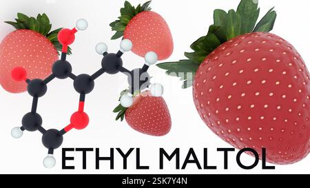 3D rendering of floating ethyl maltol molecules and strawberry. It has ...