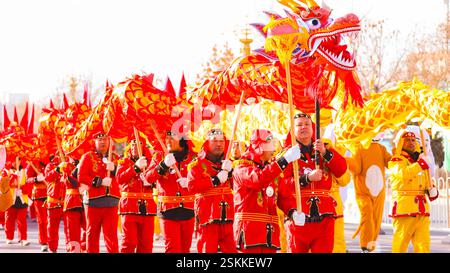 BAZHOU, CHINA - FEBRUARY 12, 2025 - Artists perform a folk Shehuo to ...