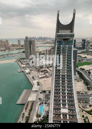 Katara hotel view from Lusail Marina Park. Crescent Tower Fairmont Doha ...