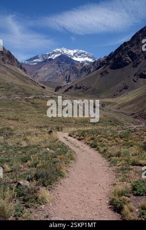 A view of the south facing slope of Mount Aconcagua, its snowmelt river ...