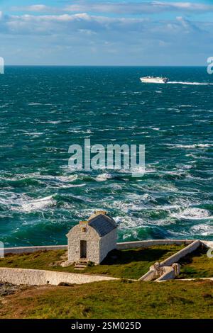 Ferry and the redundant fog warning station at North Stack on the north ...