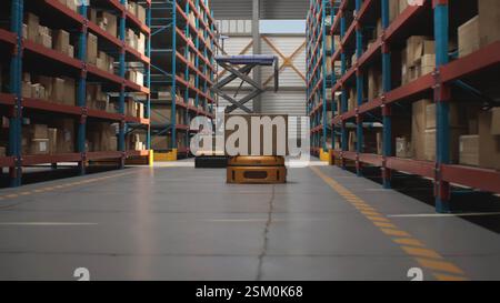 Warehouse Facility: Unmanned AGV Robots and Drones Carrying Cardboard Boxes in Logistics ...