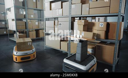 Warehouse Facility: Unmanned AGV Robots and Drones Carrying Cardboard Boxes in Logistics ...