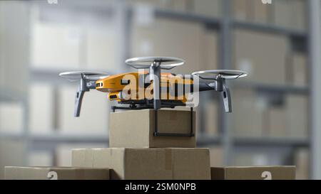Modern Warehouse Facility: Unmanned UAV Drone Delivering Cardboard Box ...