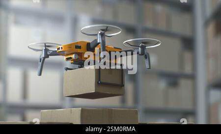 Modern Warehouse Facility: Unmanned UAV Drone Delivering Cardboard Box ...