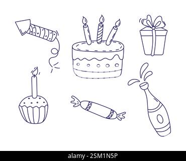 doodle present gift with cake and balloons birthday party Stock Vector ...