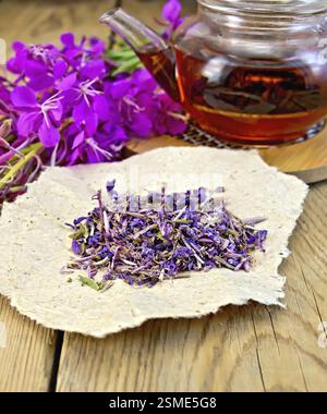Fireweed flowers fresh and dry in a spoon against a wooden board Stock ...