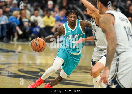 Charlotte Hornets guard Damion Baugh brings the ball upcourt during the ...