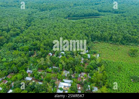 An aerial view of Madhupur Forest in Tangail, revealing houses built by ...