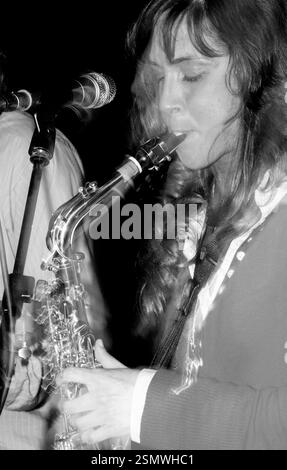 Abi Harding, saxophonist with THE ZUTONS at Cardiff Welsh Club ...