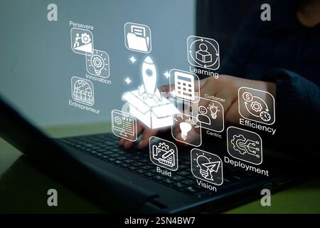 Concept of digital disruption with icons on futuristic hud interface ...