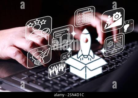 Concept of digital disruption with icons on futuristic hud interface ...