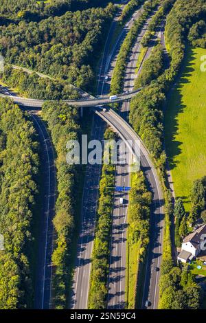 Aerial view, freeway A44 and curved slip roads and exits of freeway ...