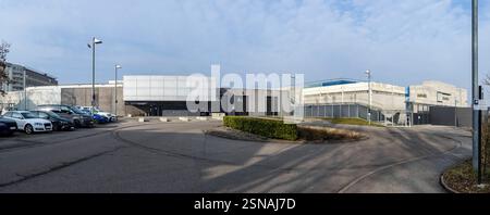 Stammheim prison, JVA. Exterior view with prison wall and barbed wire ...