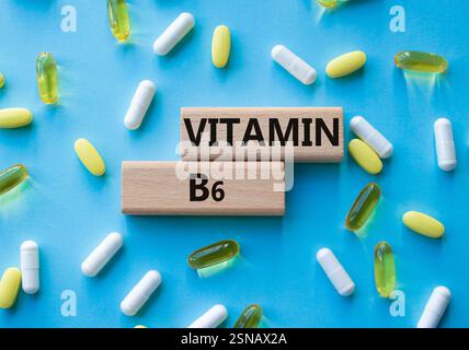 Vitamin B6 symbol. Concept word Vitamin B6 on wooden blocks. Beautiful ...