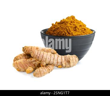 A bowl with ground ginger and its fresh rhizome Stock Photo - Alamy