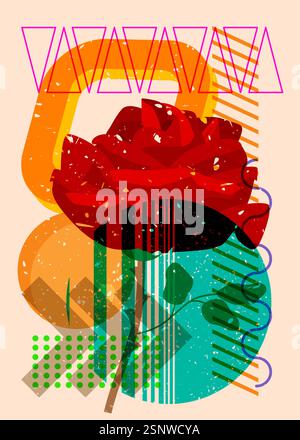 Risograph Rose with geometric shapes. Objects in trendy riso graph ...