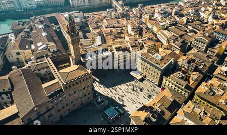 Aerial view of famous tower and Palazzo Vecchio square and Florence ...