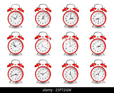 Red alarm clock showing different time isolated on white, collage Stock ...