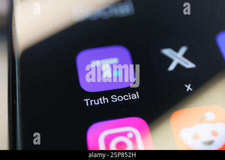 Truth Social app logo on a smartphone screen. February 25, 2025. High ...