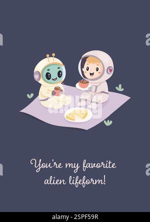 Alien drinking tea with astronaut, cute illustration on white ...