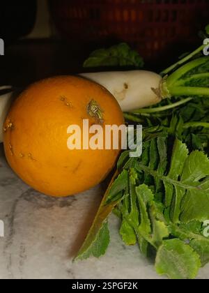 an orange and white radish with its leaves placed there Stock Photo - Alamy