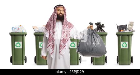 Arab man with a waste bag and people with recycling bins isolated on ...