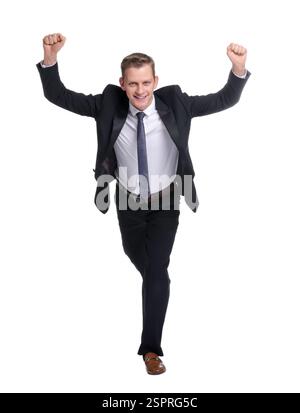 Business competition. Happy man running on white background Stock Photo ...