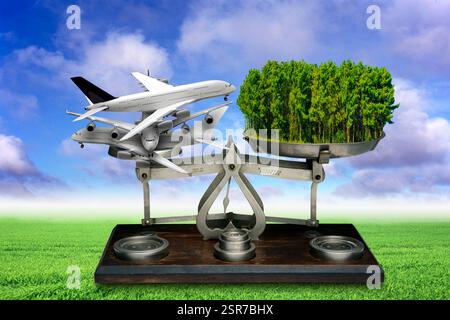 Environmental concept image of balancing scales with globe on one side ...