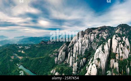 Aerial panoramic view of Taimu Mountain in Ningde, Fujian Province ...